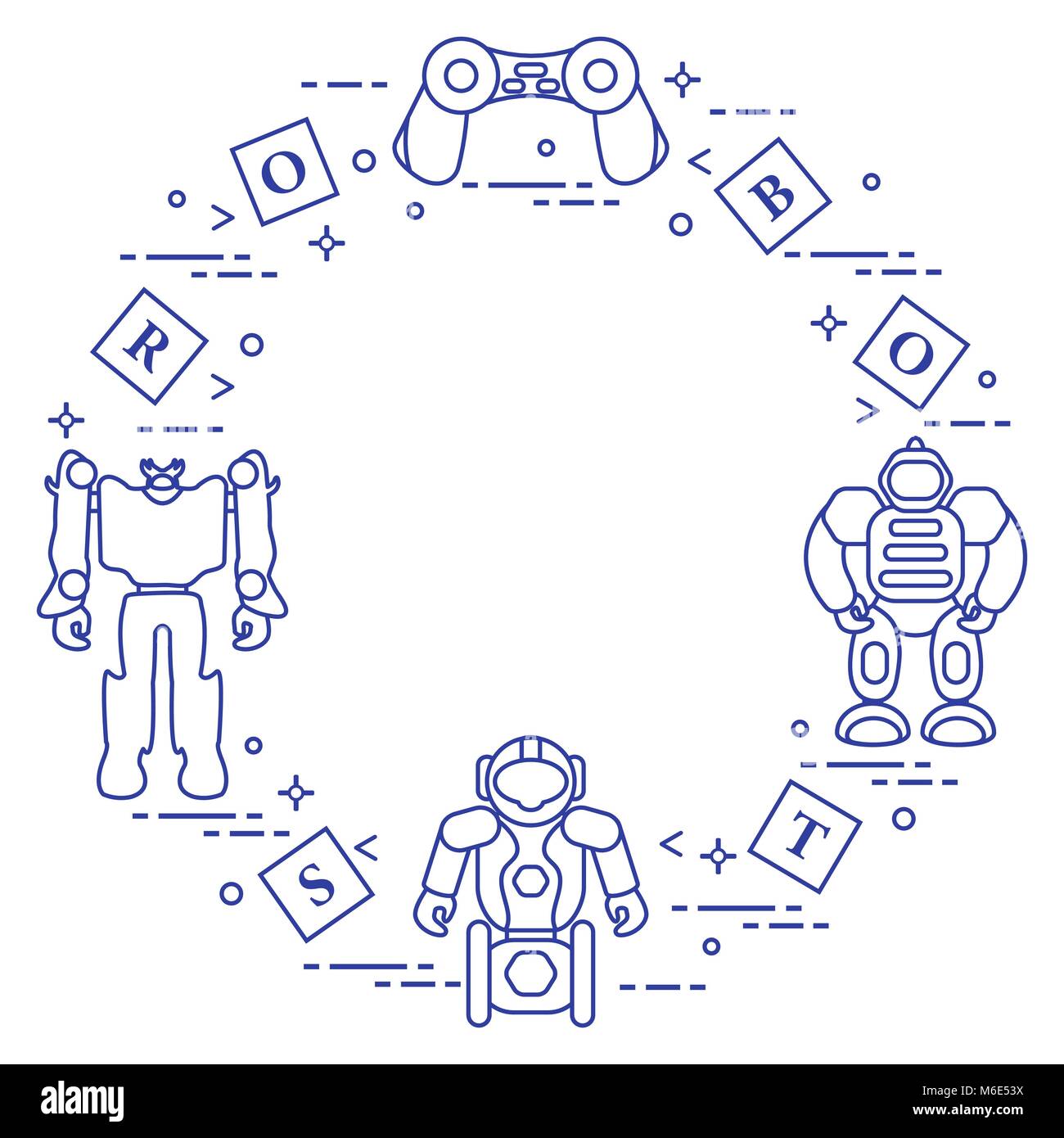 Toys for children: robots, remote control, cubes. Design for banner ...