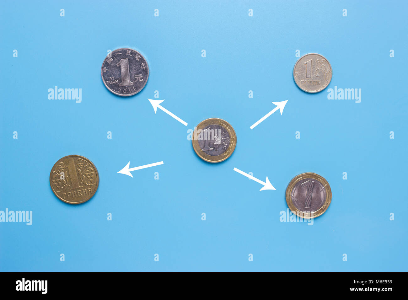 currency exchange concept. different coins on blue background Stock ...