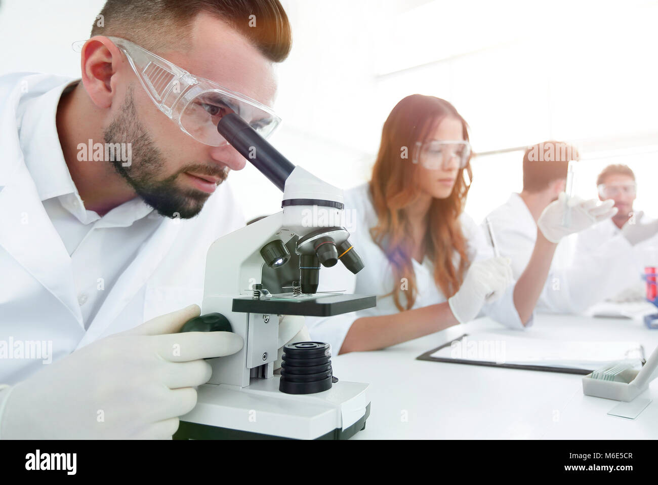 male laboratory technician looking at samples in the microscope Stock ...
