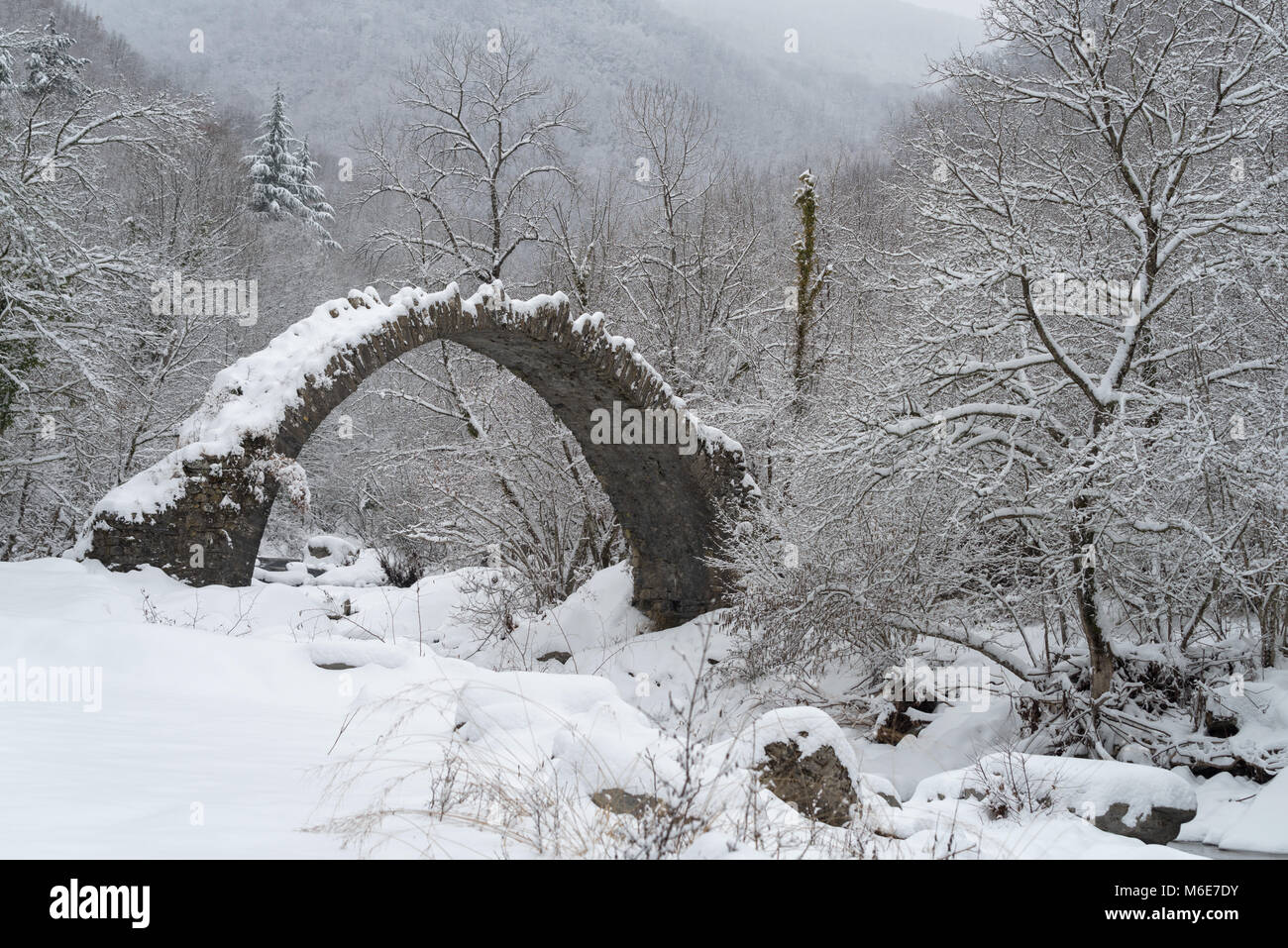 Ruins of arch bridge in mountains during winter, Rezzo municipality ...
