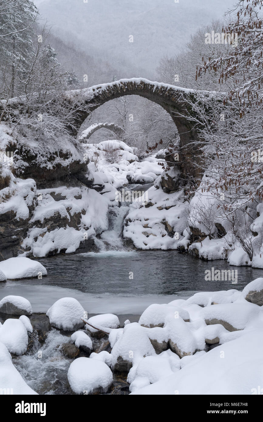 Ruins of arch bridge in mountains during winter, Rezzo municipality ...