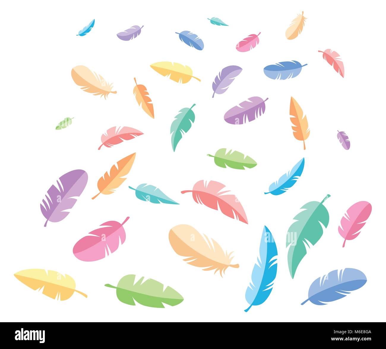 Feathers of different shapes fall down vector set in a flat style ...