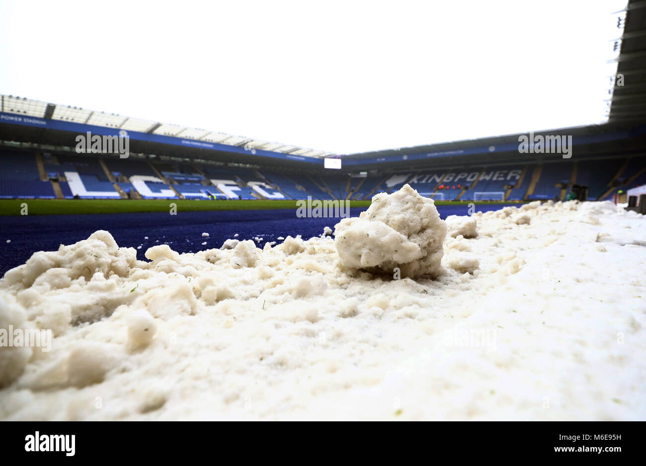 Snow pitchside before the Premier League match at the King Power ...