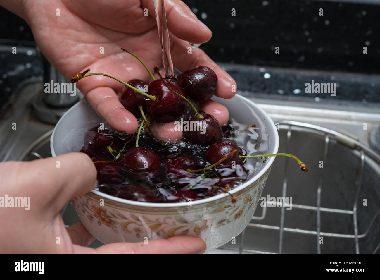 washing fresh cherries above a sink Stock Photo - Alamy