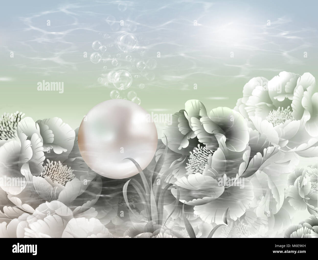 Pearl background with single nacreous pink shiny pearl under aqua and ...