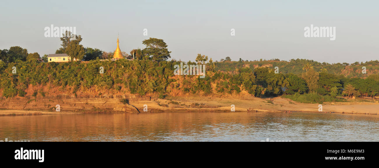 A panoramic view of the Irrawaddy River in Myanmar Burma with a temple ...