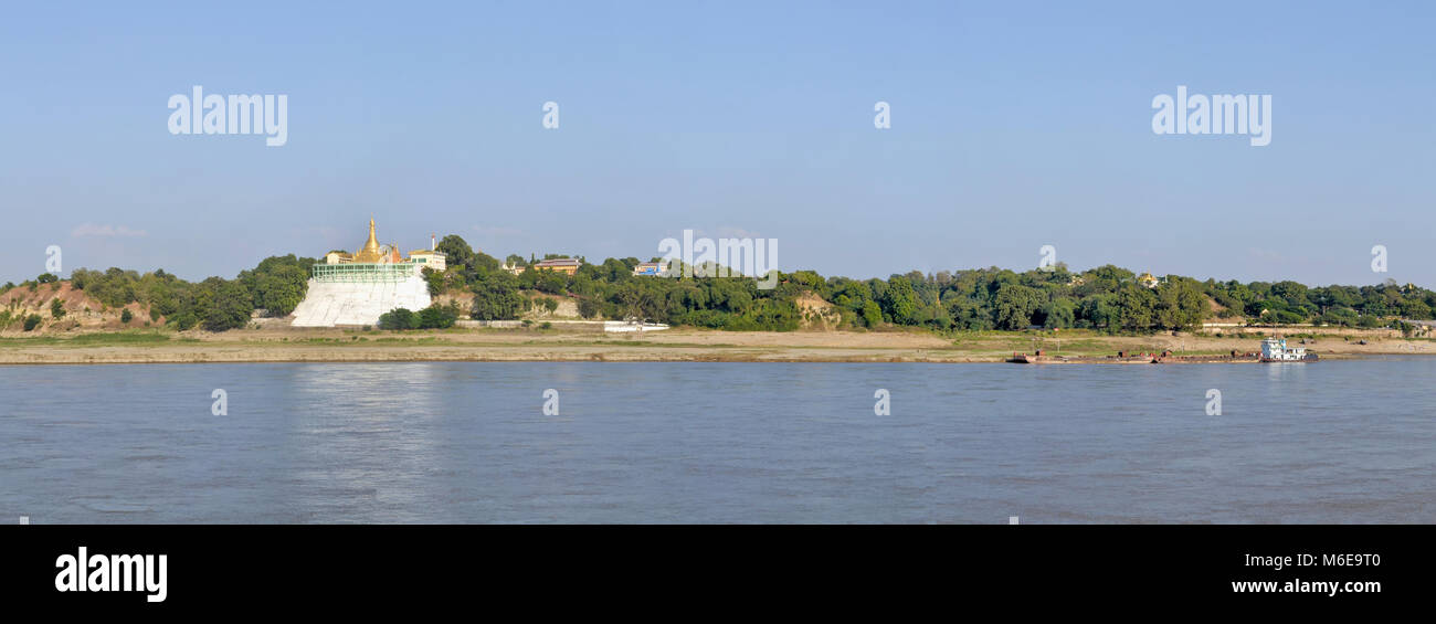 A panoramic view of the Irrawaddy River in Myanmar Burma with a temple ...