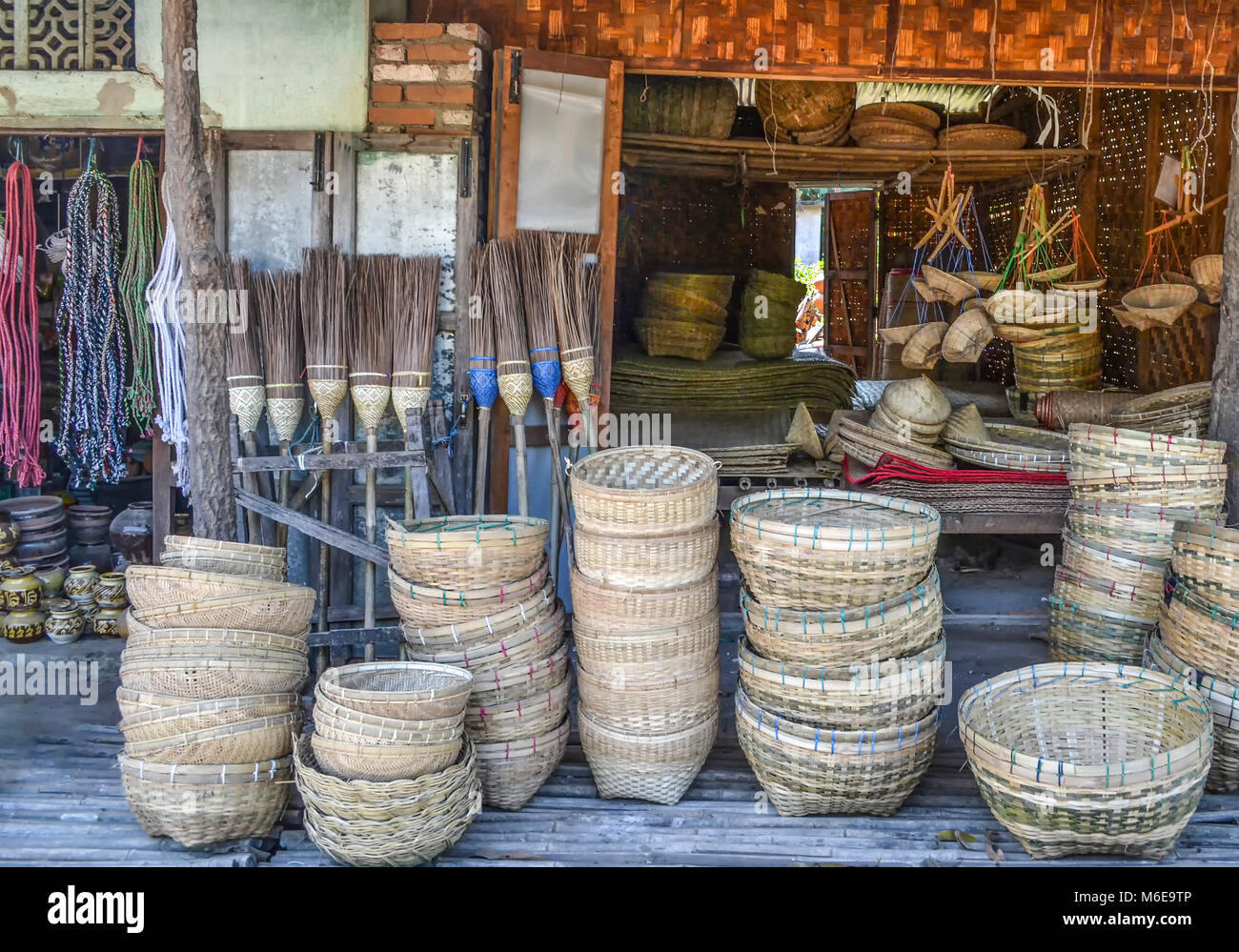 Baskets and other products for sale at a local market in Myanmar Burma ...