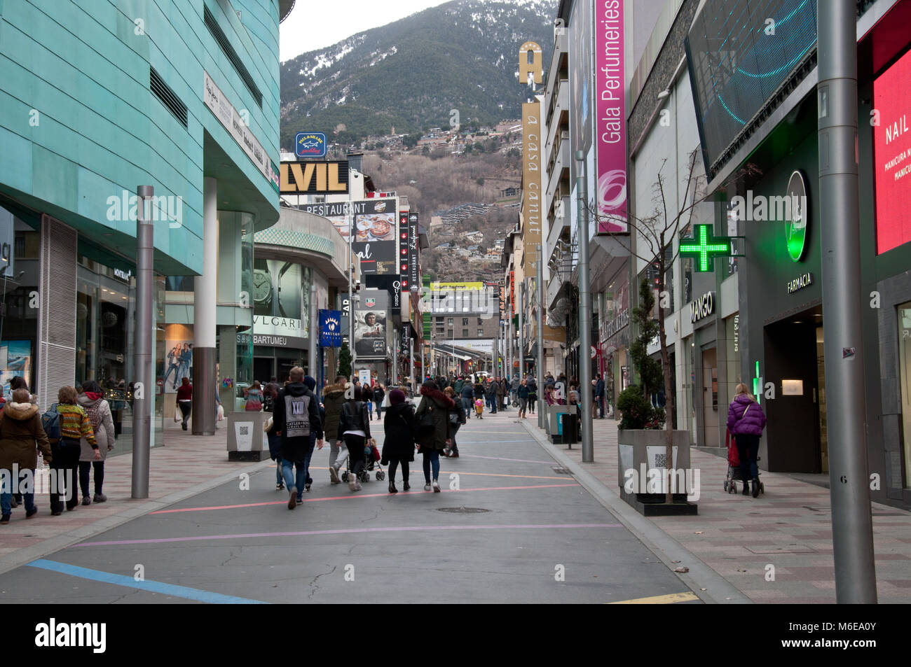 Pedestrians seen on a commercial street of Andorra la Vella, Andorra ...