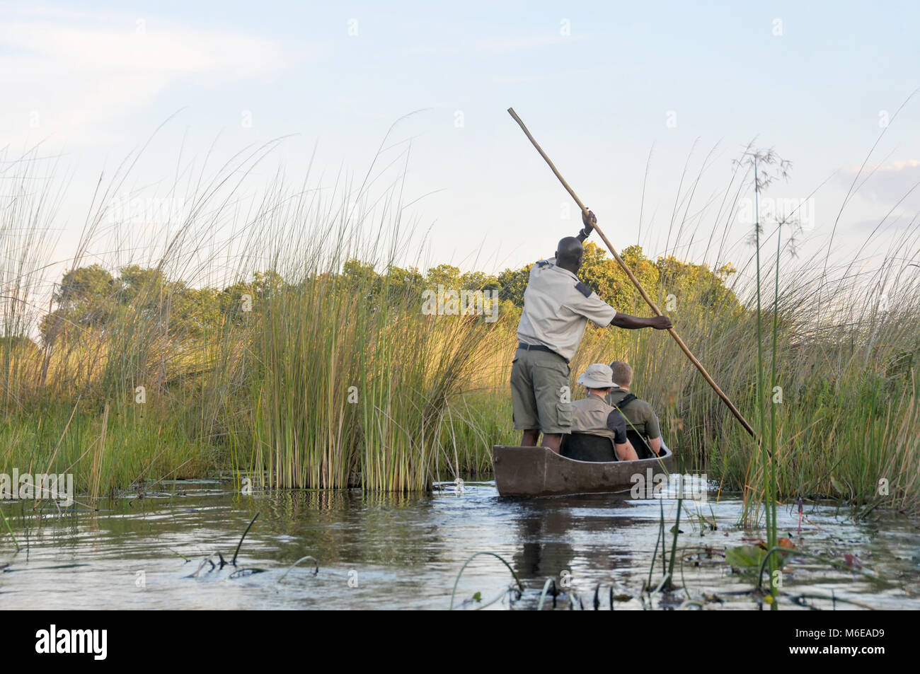 Tourists in a Mokoro, a wooden boat used in the Okavango Delta in ...