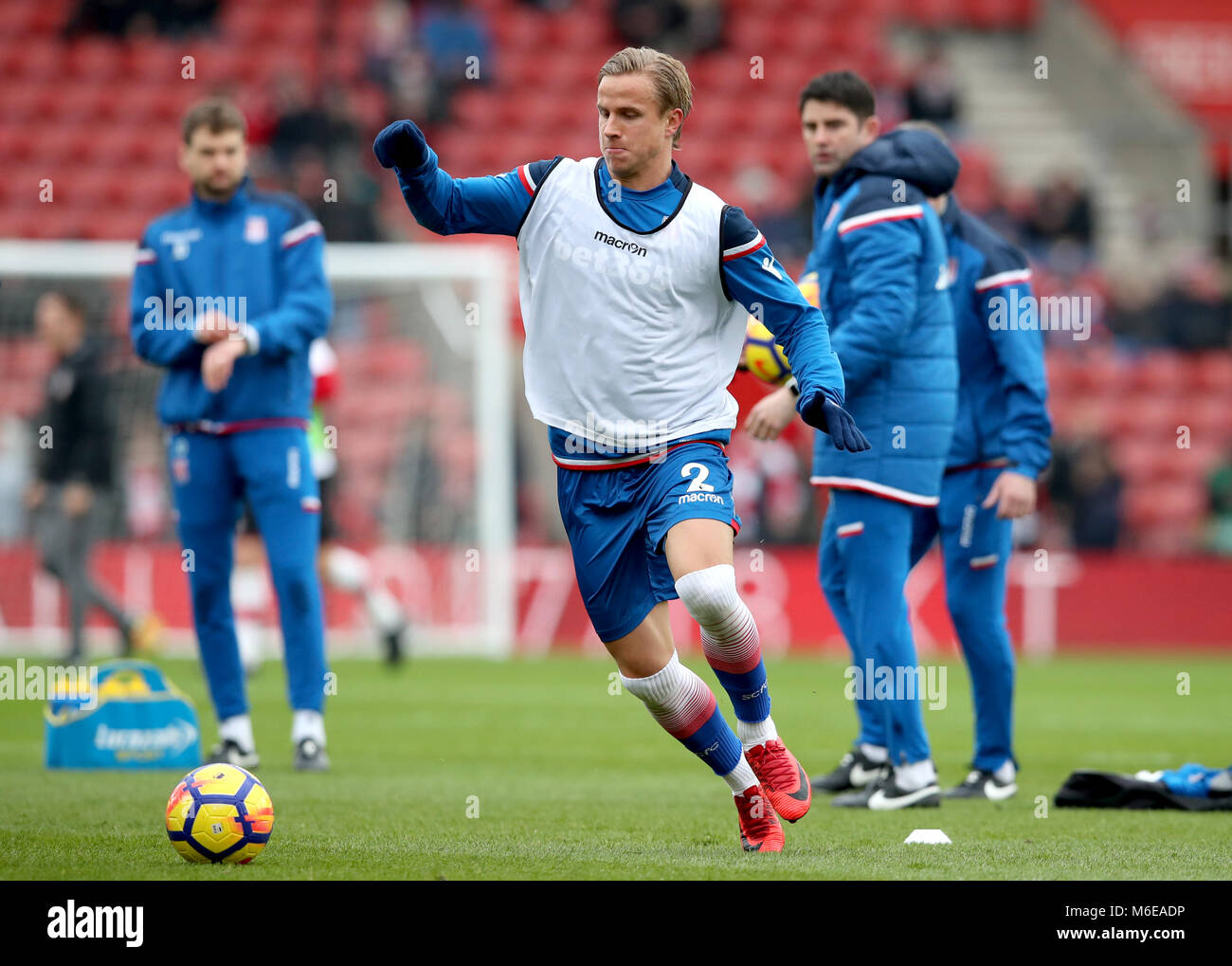Stoke City's Moritz Bauer warms up before the Premier League match at ...