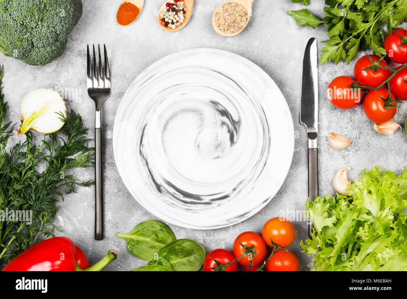 Concept dietary and vegetable food. Plate with marble patterns. Various ...