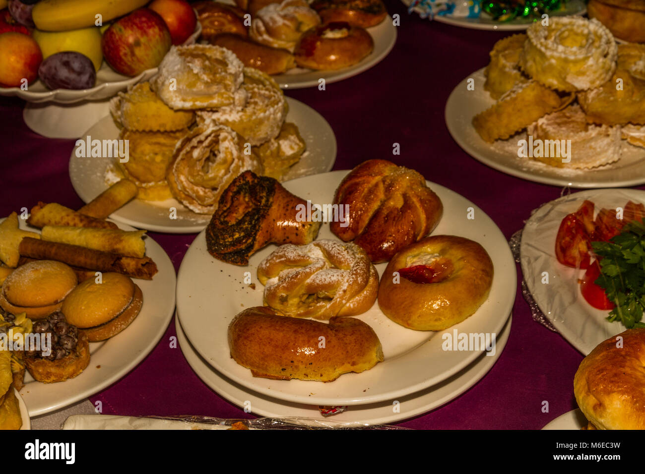 Foods laid out in restaurant for banquet. Almaty, Kazakhstan, Central ...