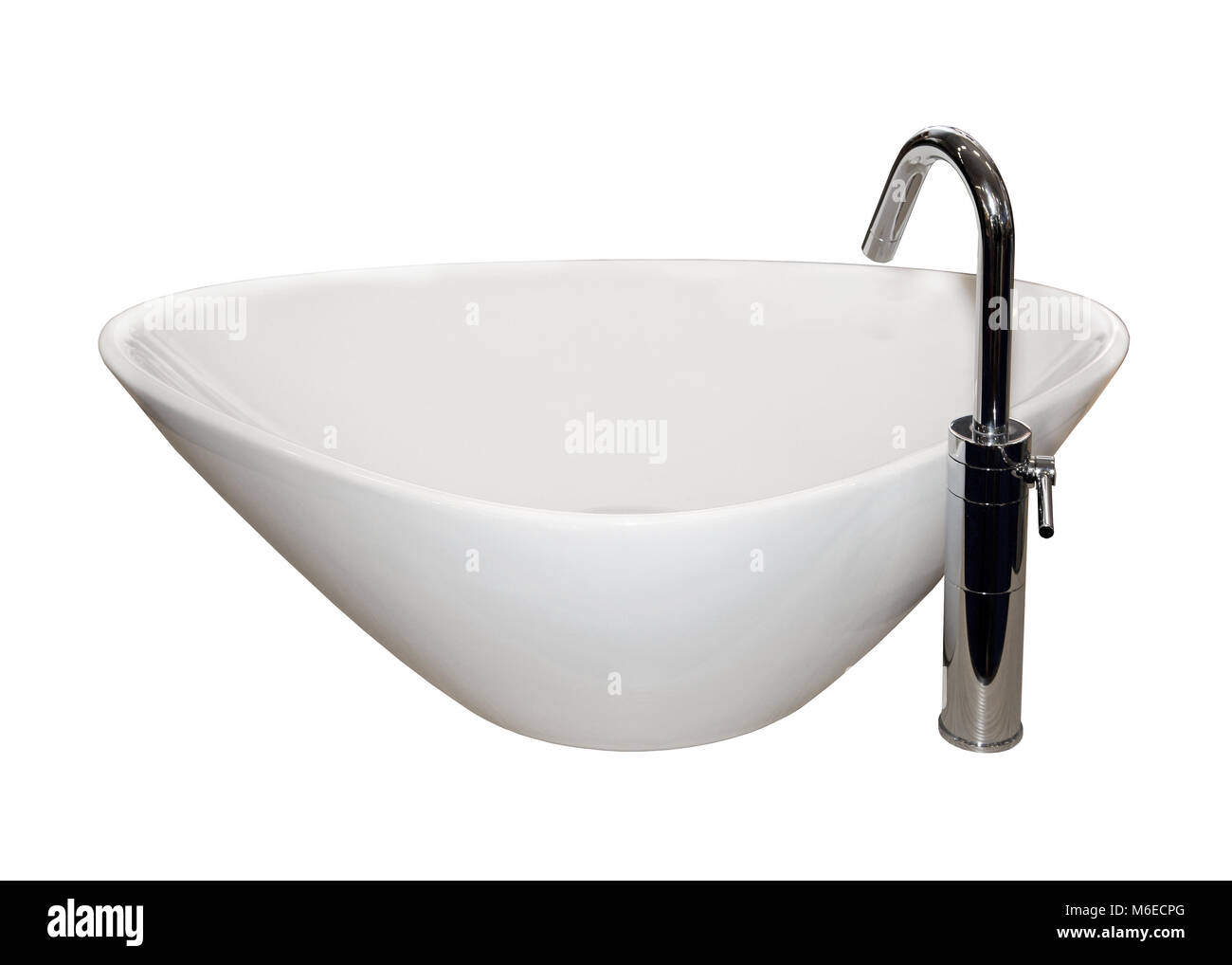 Modern ceramic basin with silver faucet isolated with clipping path ...