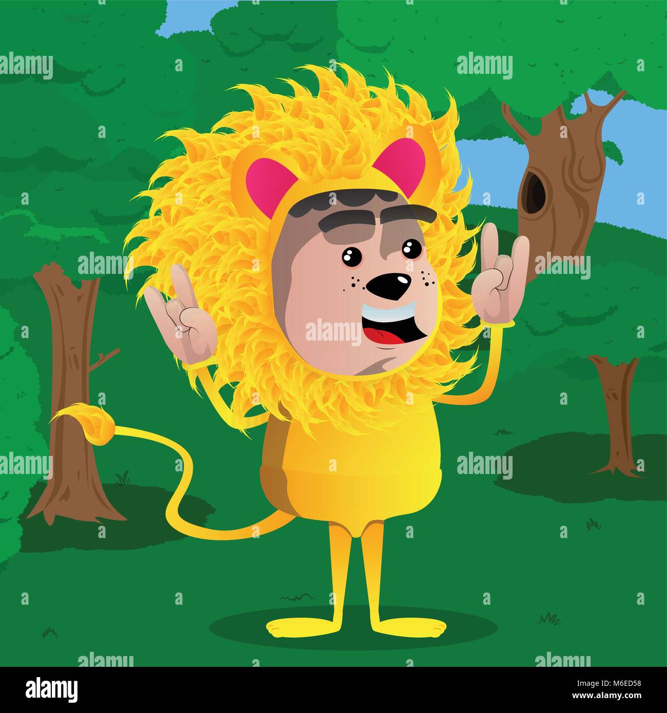 Boy dressed as lion with hands in rocker pose. Vector cartoon character ...