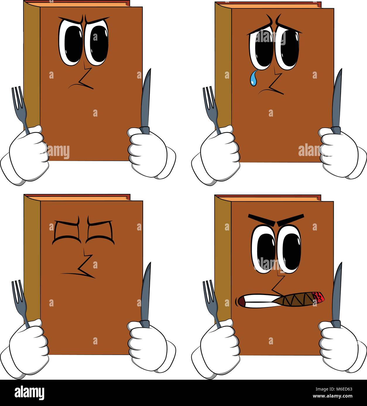 Books holding up a knife and fork. Cartoon book collection with angry ...