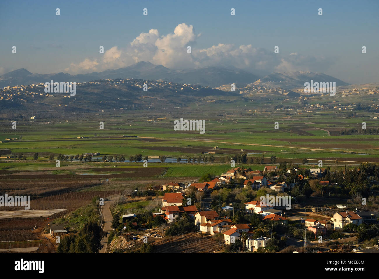 Aerial view of the outskirts of the town of Metula bordering Lebanon ...