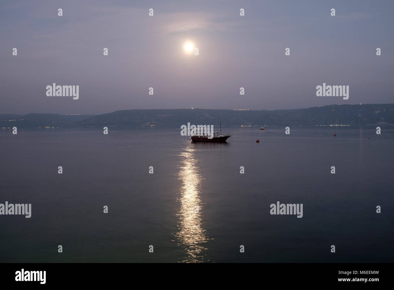 Full moon shines over the Sea of Galilee northern Israel Stock Photo ...