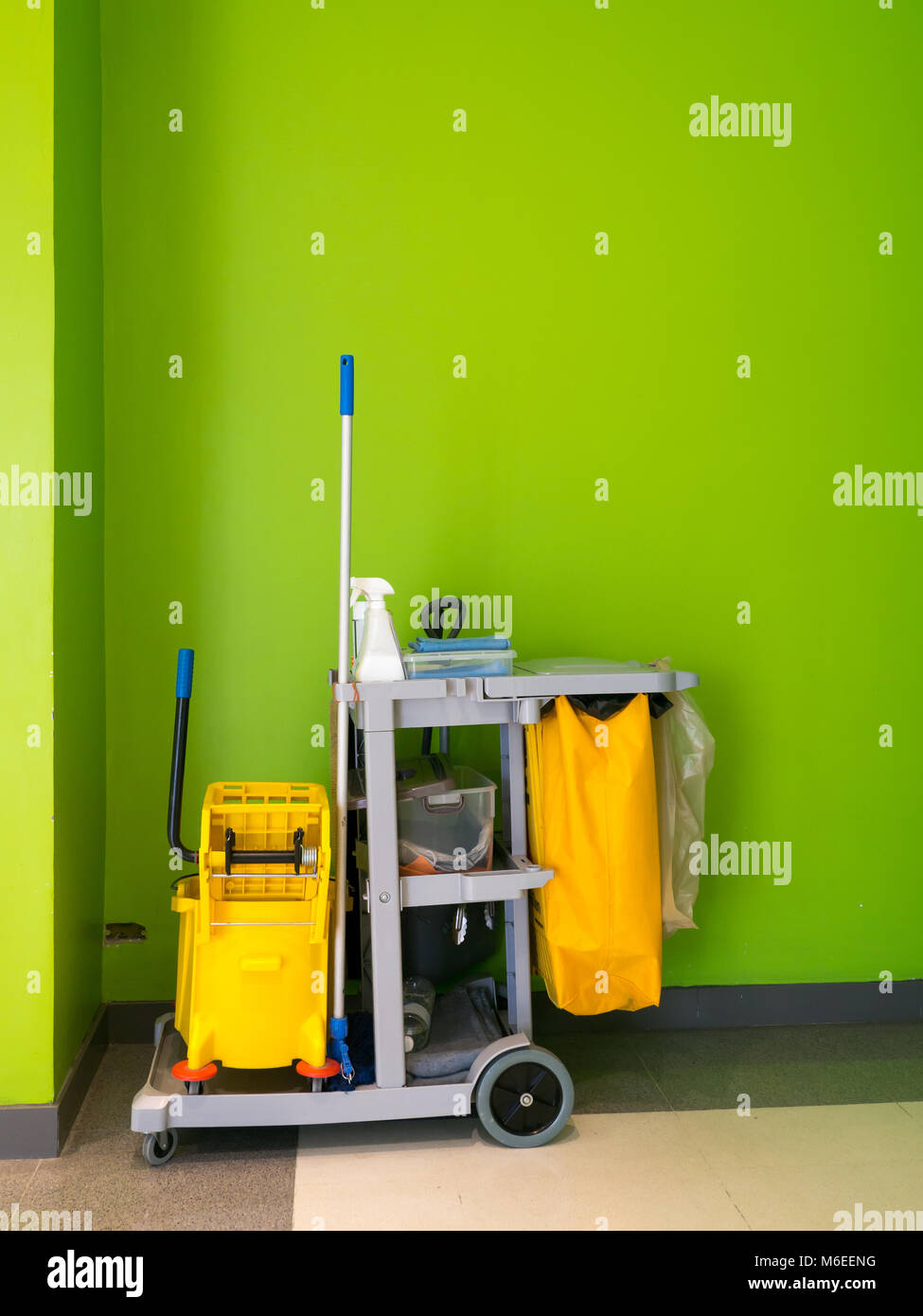 Cleaning tools cart wait for cleaning.Bucket and set of cleaning ...