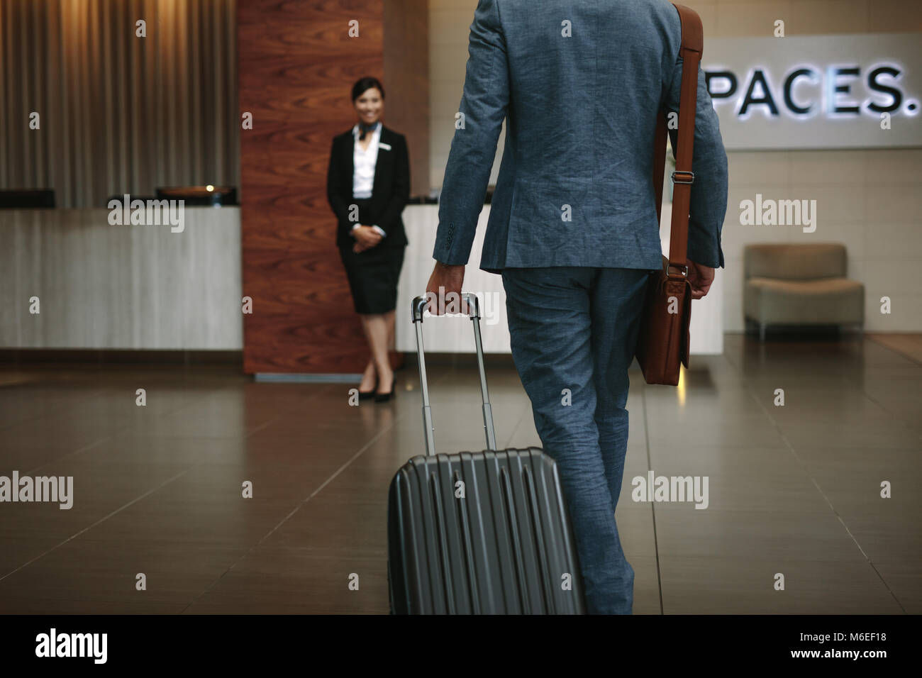 Rear view of businessman arriving the hotel with his luggage with ...
