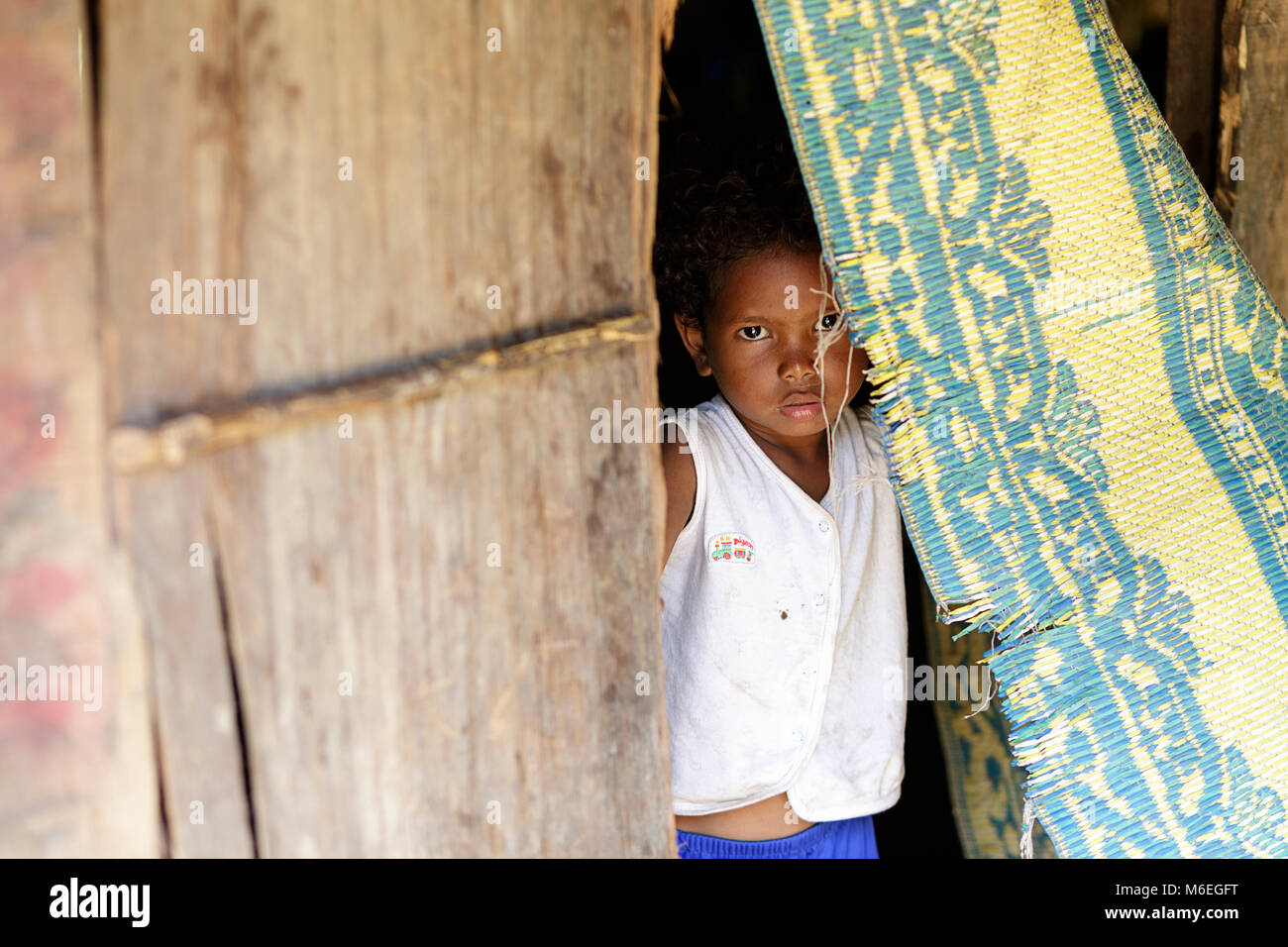 Shy girl from Batek Tribe hiding behind curtain of the door of ...