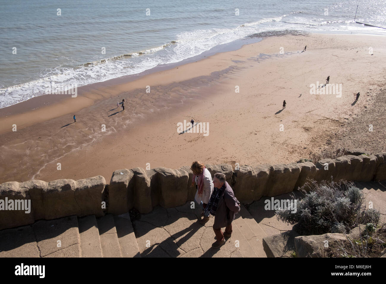 People walk on the sandy beach with their dogs and up the cliff steps ...