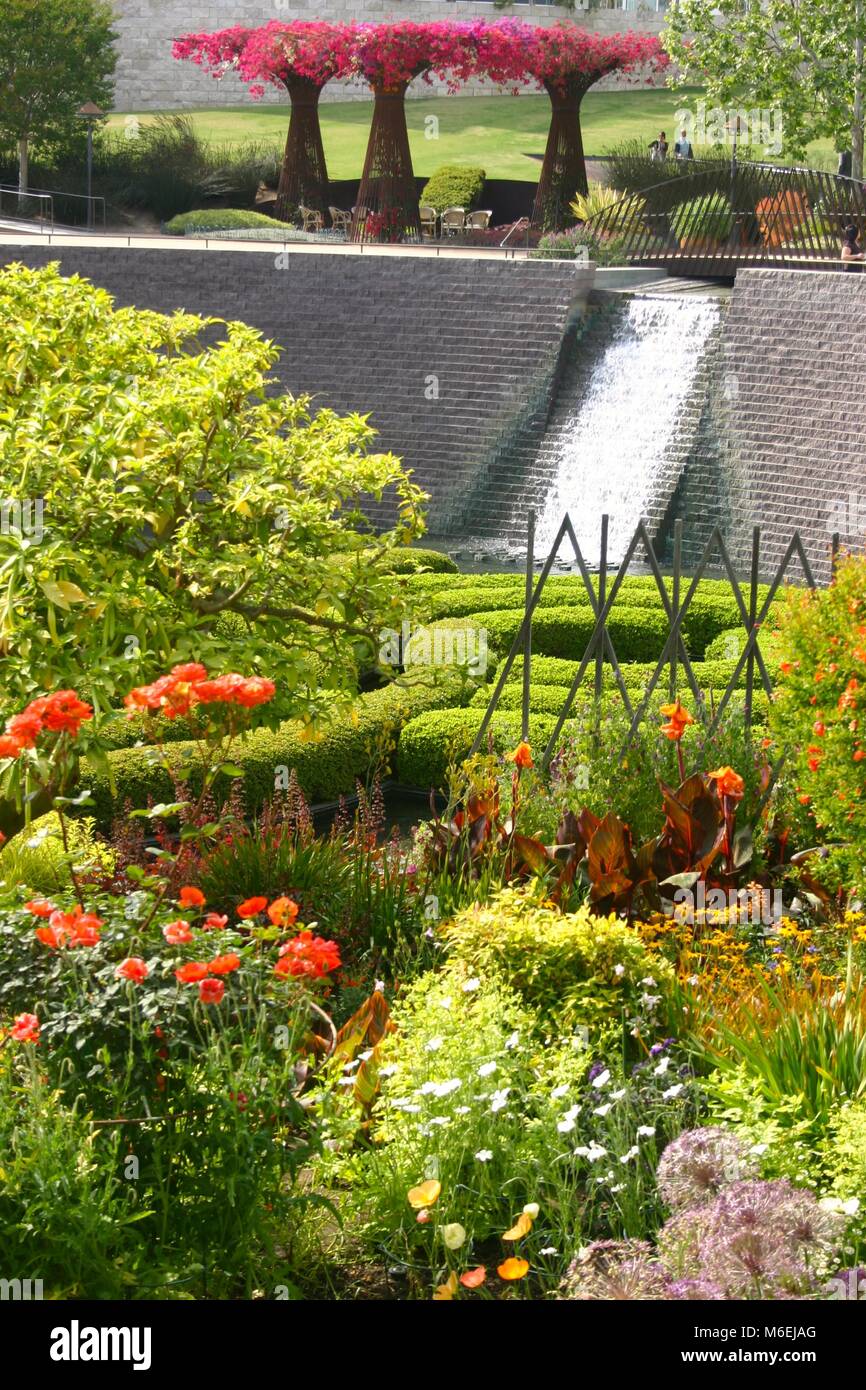 Californian gardens in full bloom, with water feature, at the Getty ...