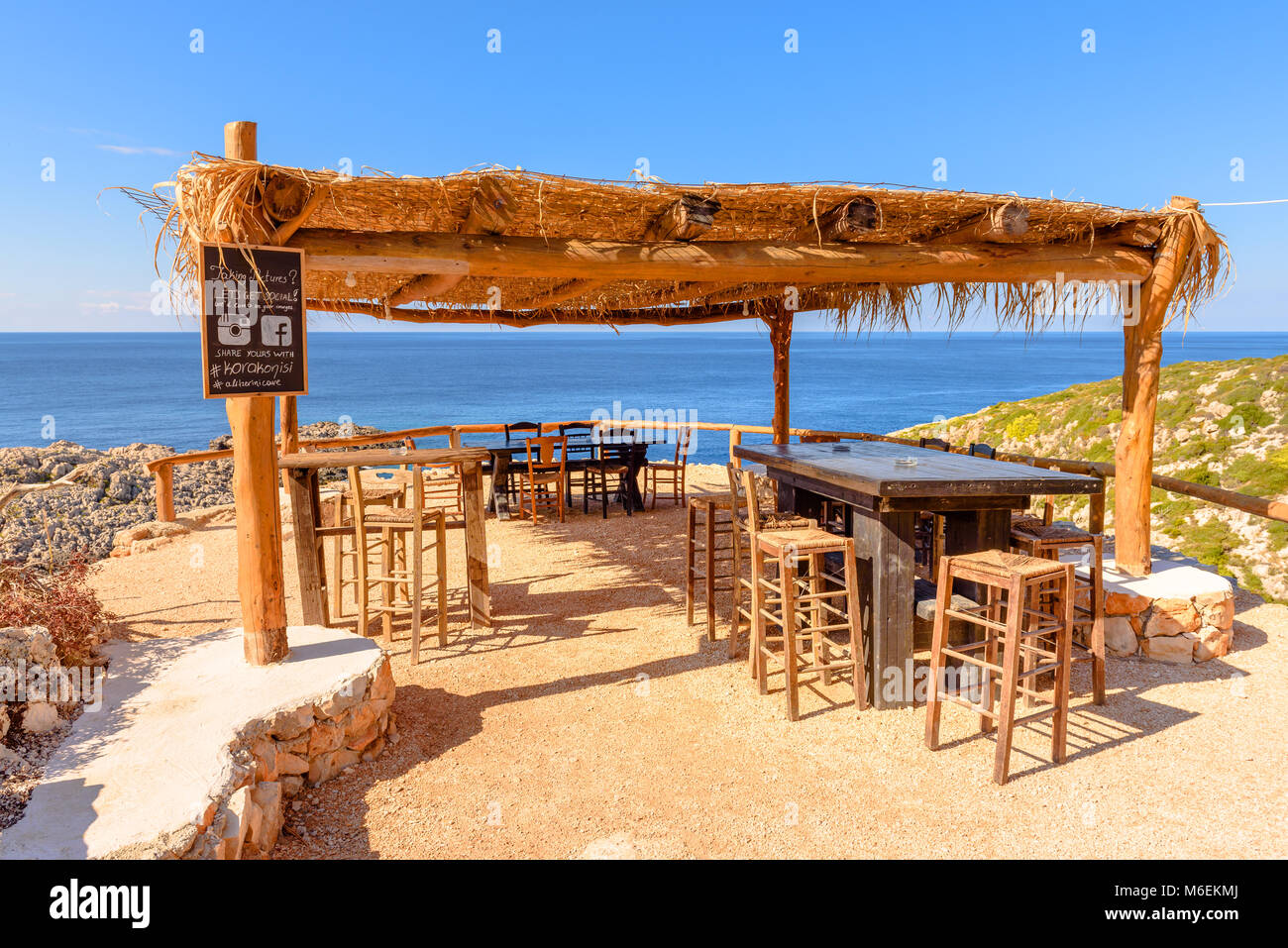 ZAKYNTHOS, GREECE - October 1, 2017: Table and chairs in traditional ...