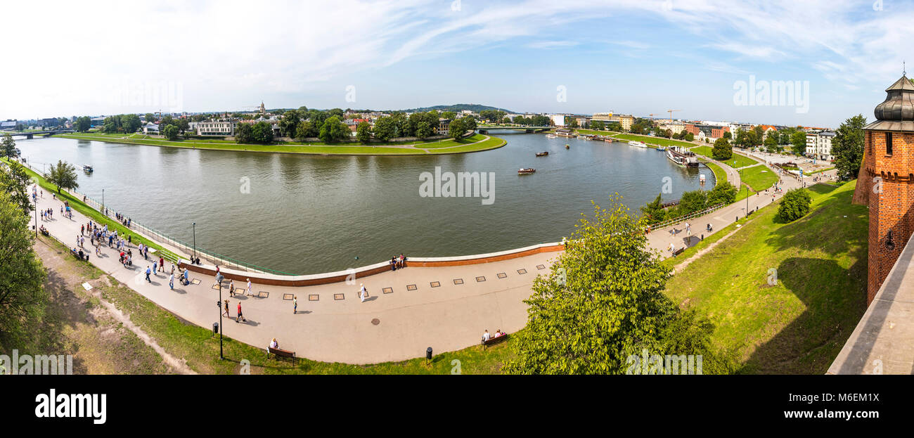 Panoramic view of Vistula (Wisla) river and the cityscape of Krakow ...