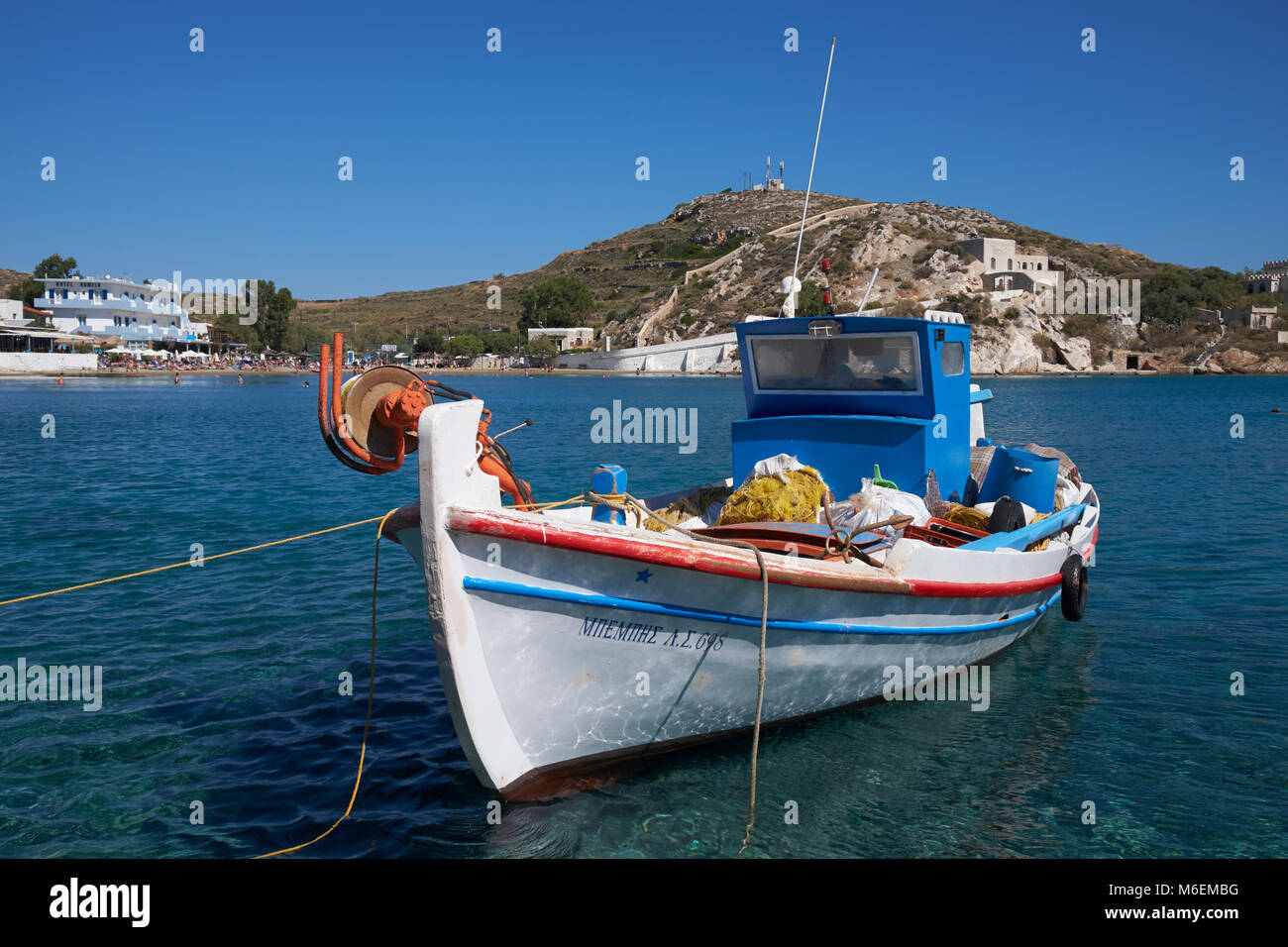 A fishing boat moored at Vari, Syros (aka Siros or Syra), Cyclades ...