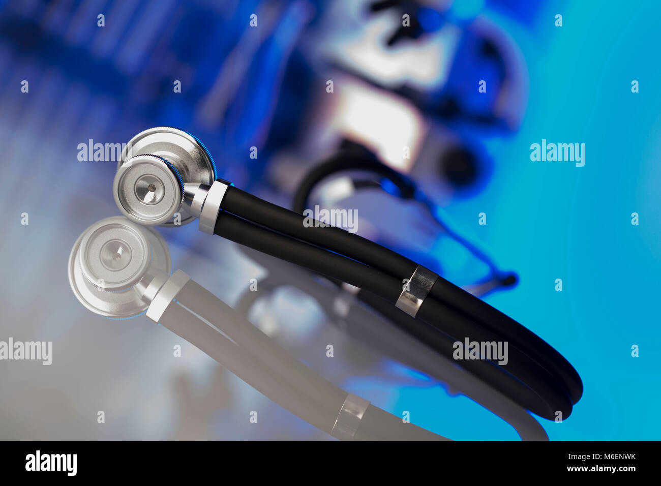 Medical lab concept. Science research. Stethoscope and microscope on ...