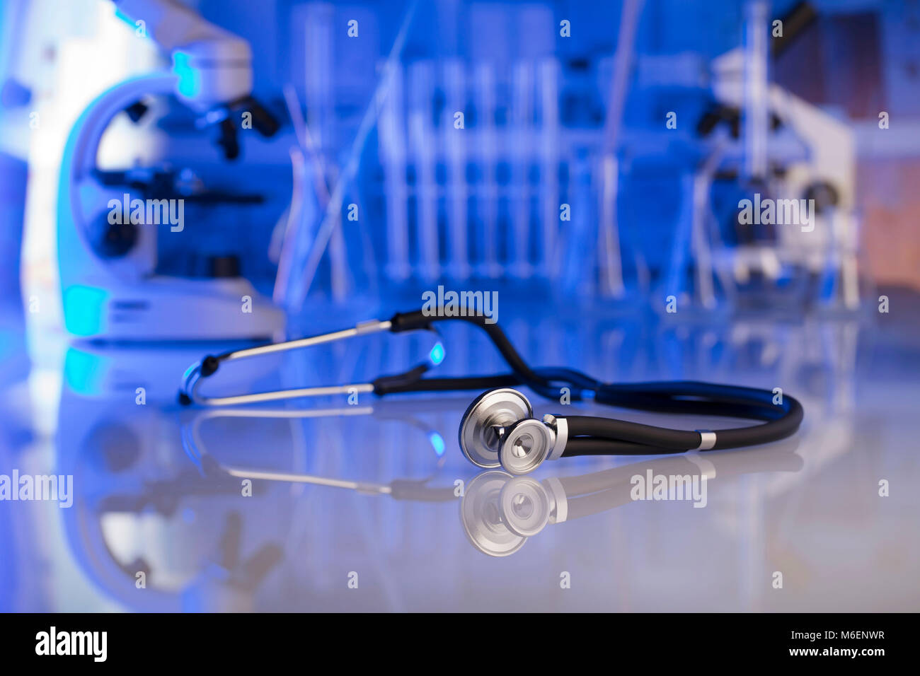 Medical lab concept. Science research. Stethoscope and microscope on ...