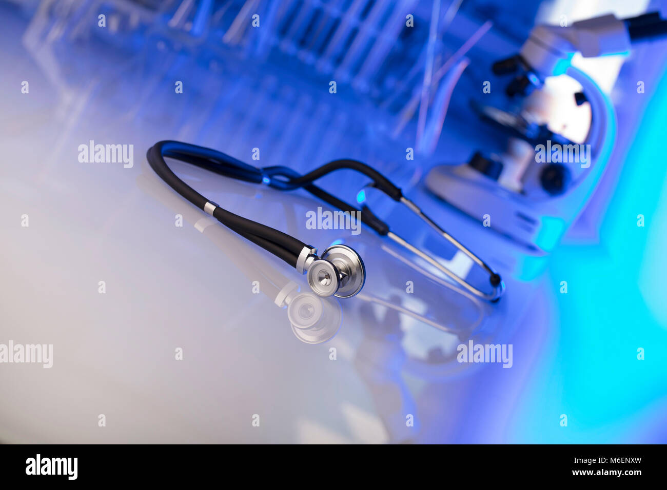 Medical lab concept. Science research. Stethoscope and microscope on ...