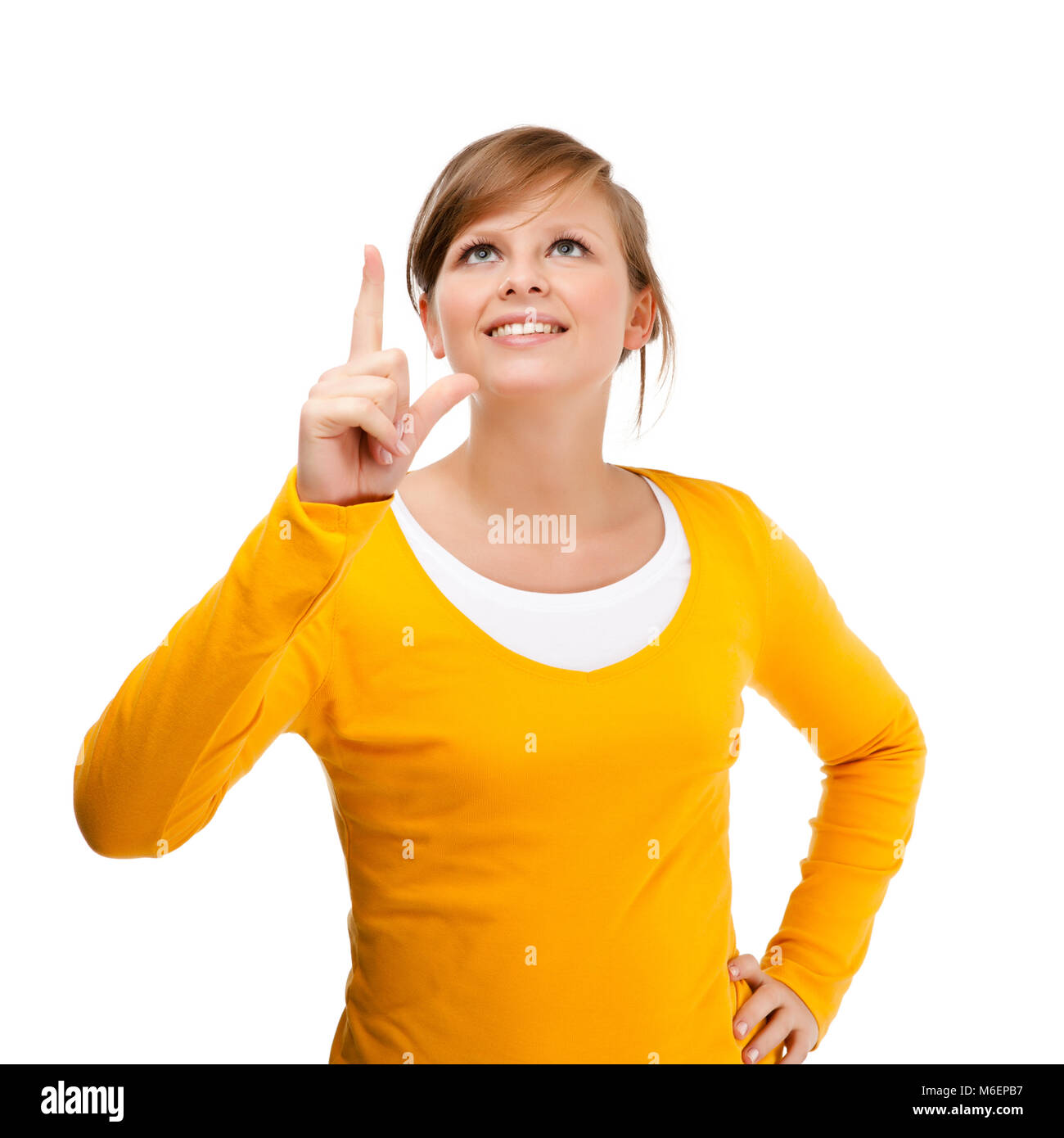 Woman pointing isolated on white background Stock Photo - Alamy