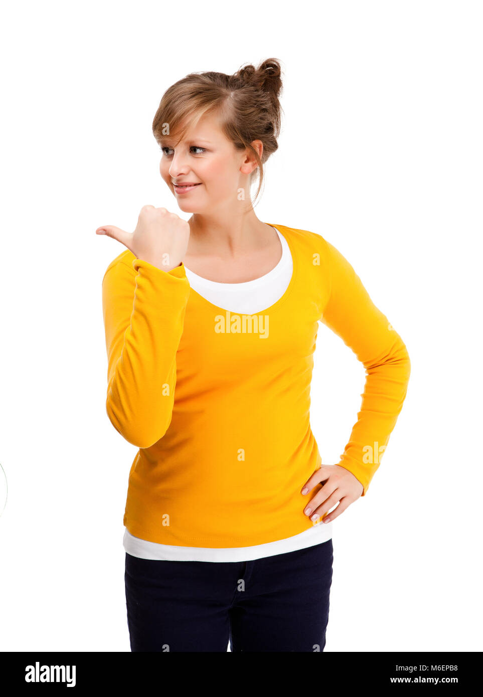 Woman pointing isolated on white background Stock Photo - Alamy