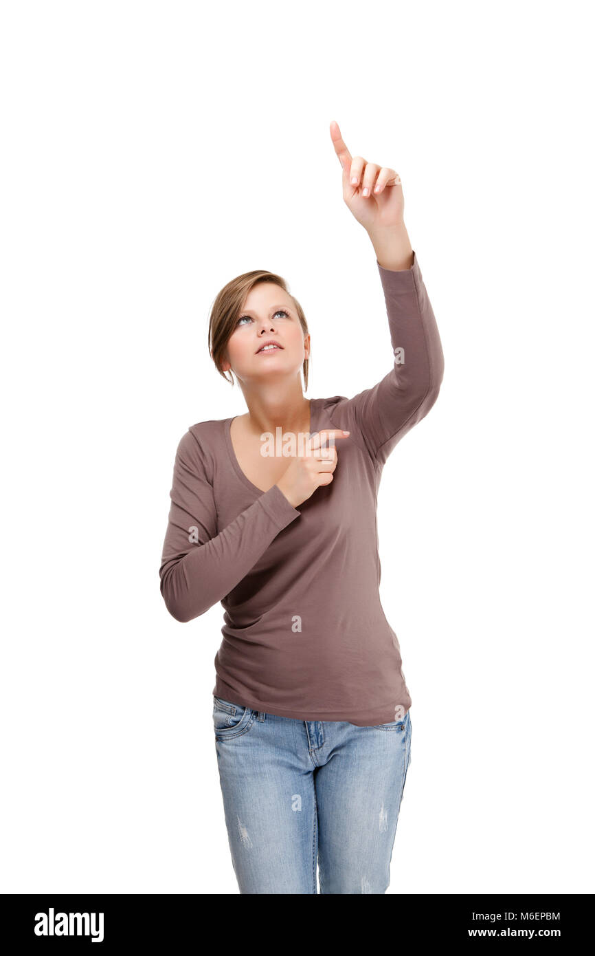 Woman pointing isolated on white background Stock Photo - Alamy