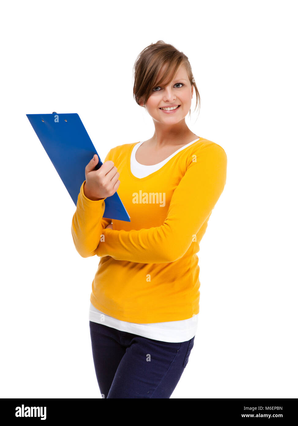 Woman holding notepad isolated on white background Stock Photo - Alamy