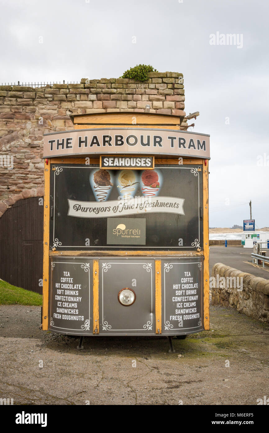 The Harbour Tram mobile cafe or tea shop, Seahouses uk Stock Photo - Alamy