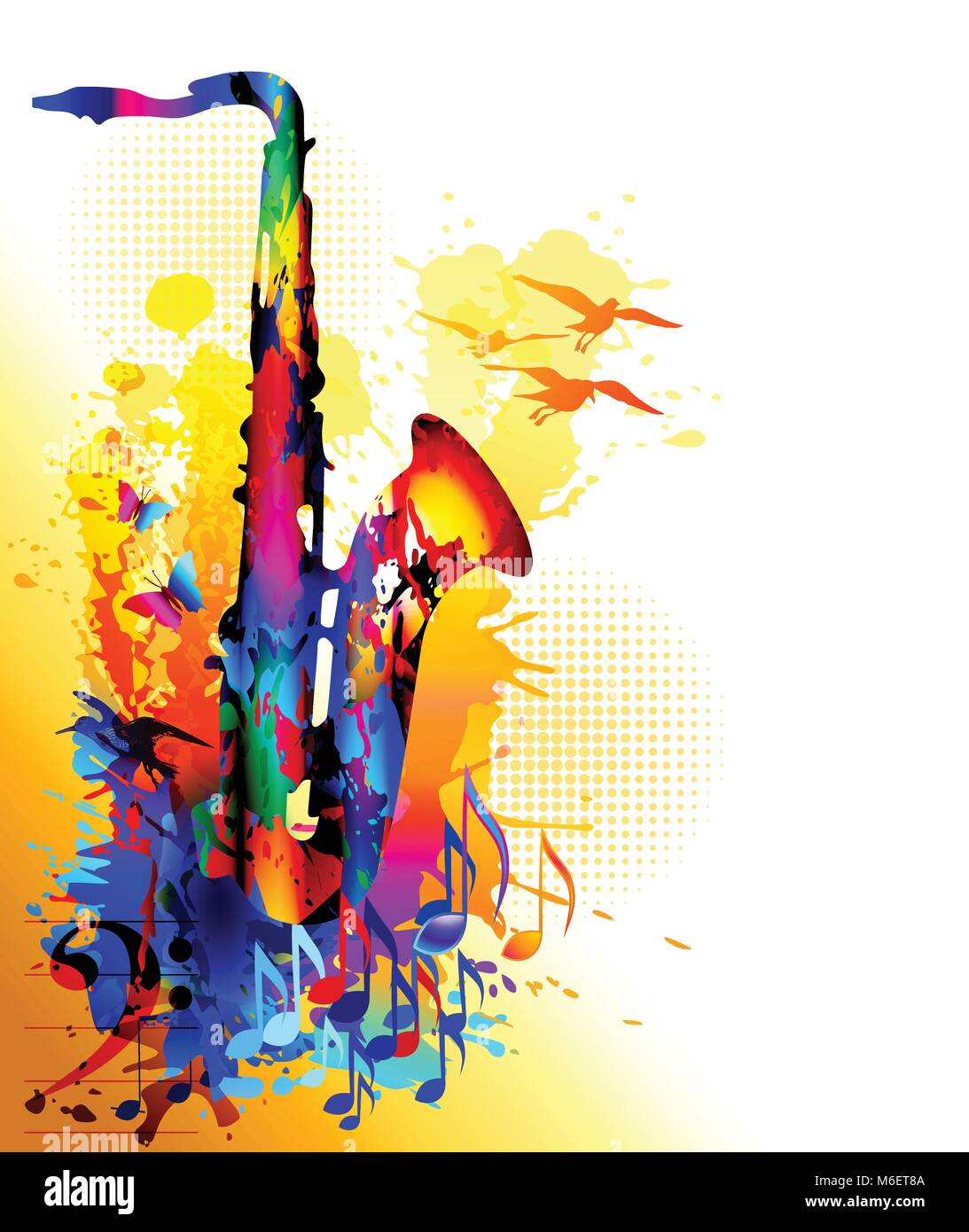 Music festival background with saxophone and flying birds. Colourful ...