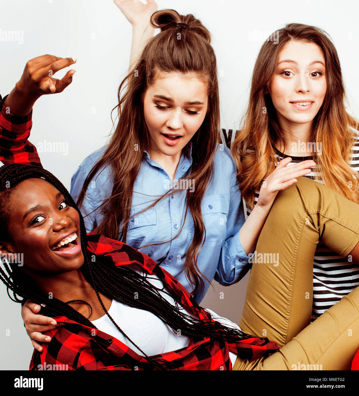 diverse multi nation girls group, teenage friends company cheerful ...