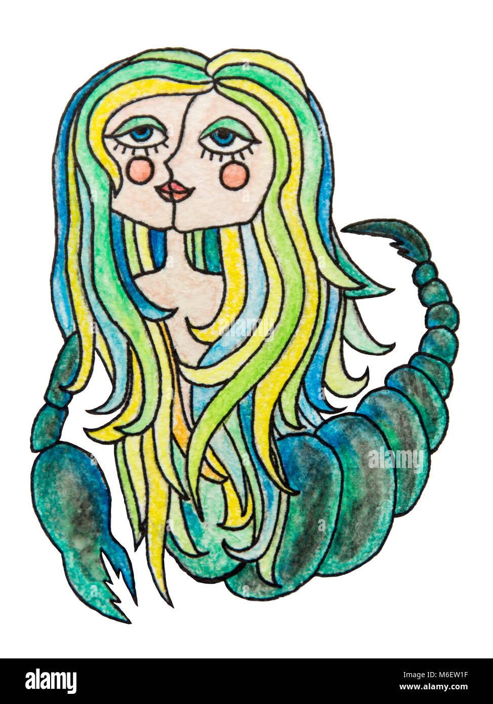 Watercolor pensil illustration of zodiac sign. Scorpio girl with ...