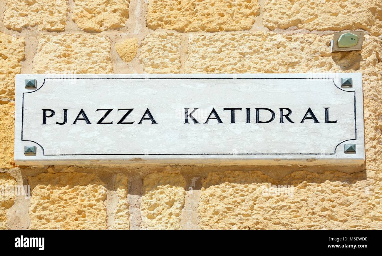 Cathedral Square sign written in Maltese on a building wall within the ...
