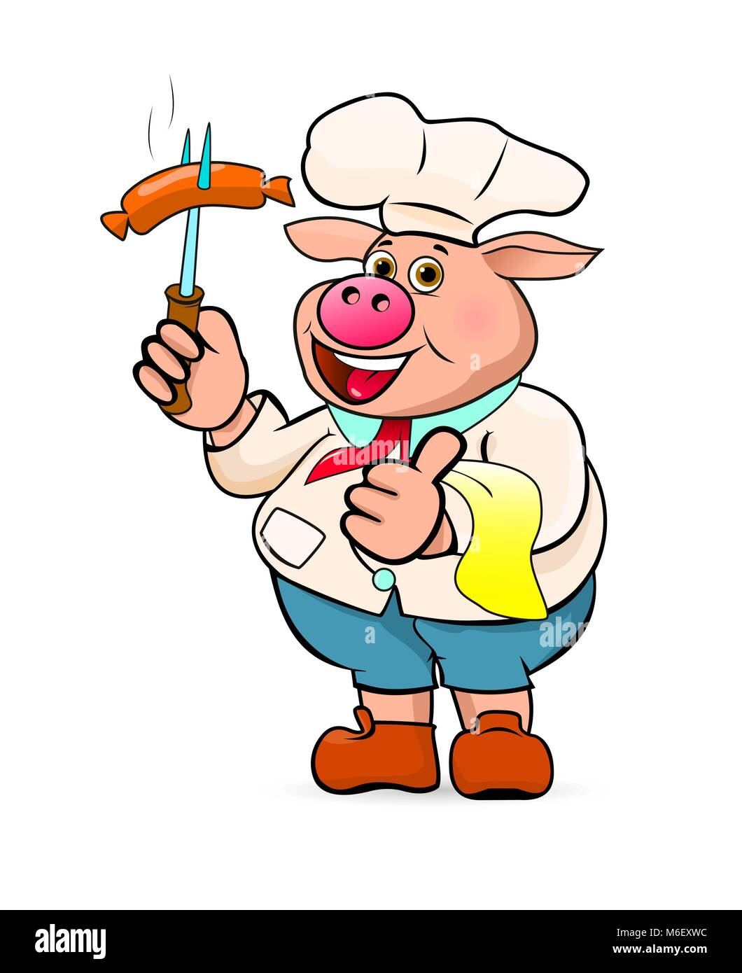 The cook prepares delicious barbecue sausages. A cartoon pig holds a ...
