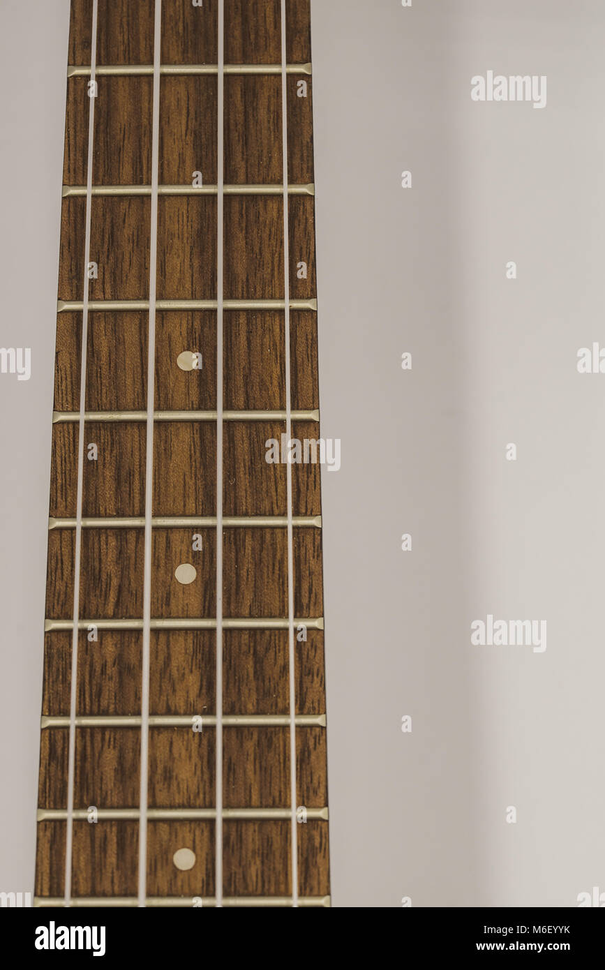 Ukulele neck and strings on white background Stock Photo - Alamy