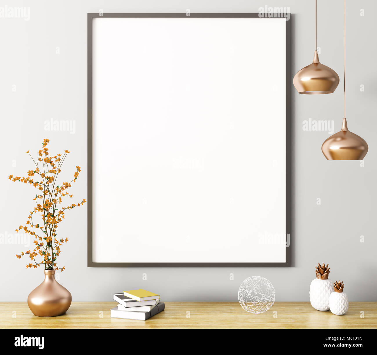 Wall decoration, poster, lamps and vase on the shelf, interior ...