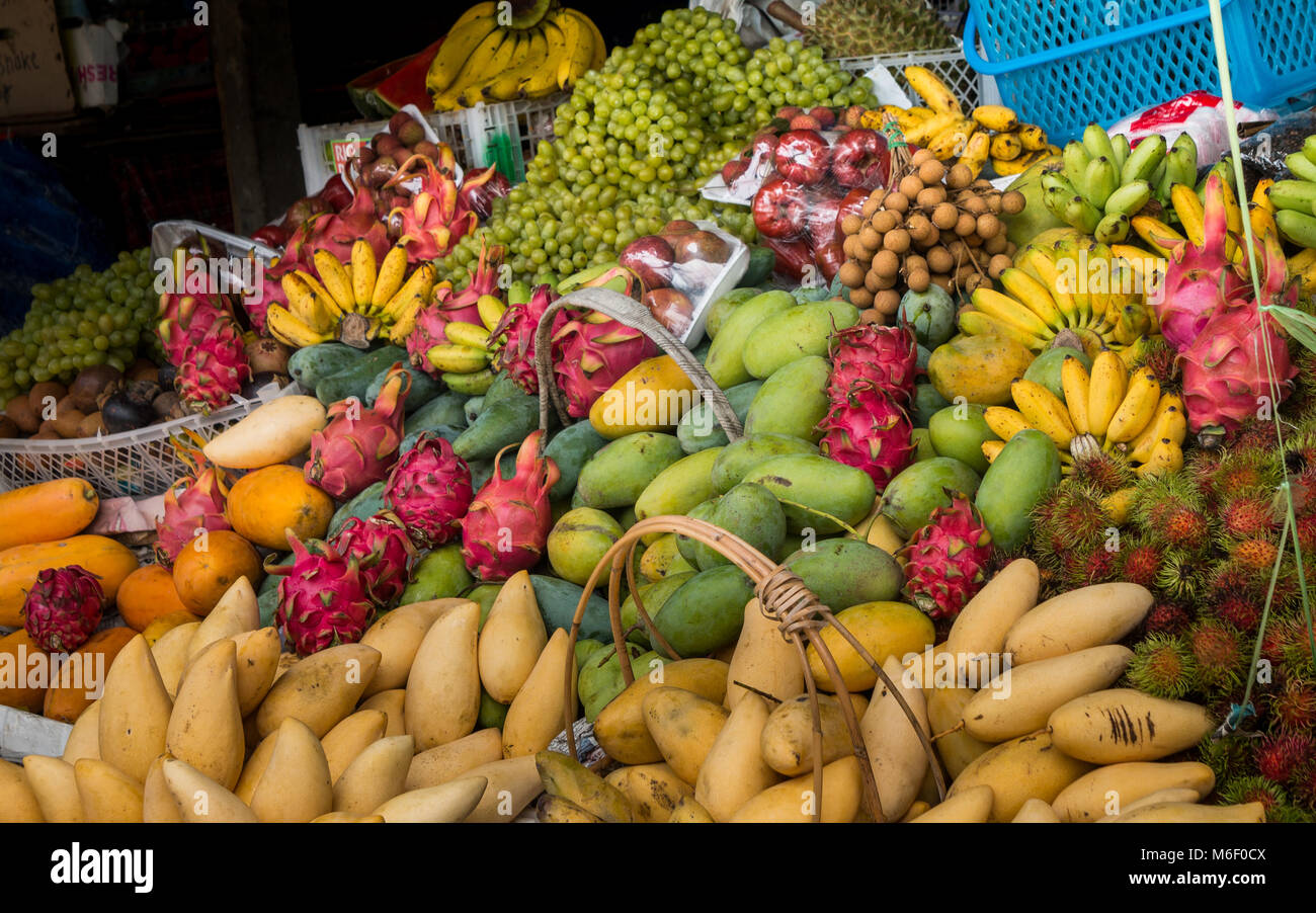 Beautiful display of tropical and exotic fruits at a local market in ...