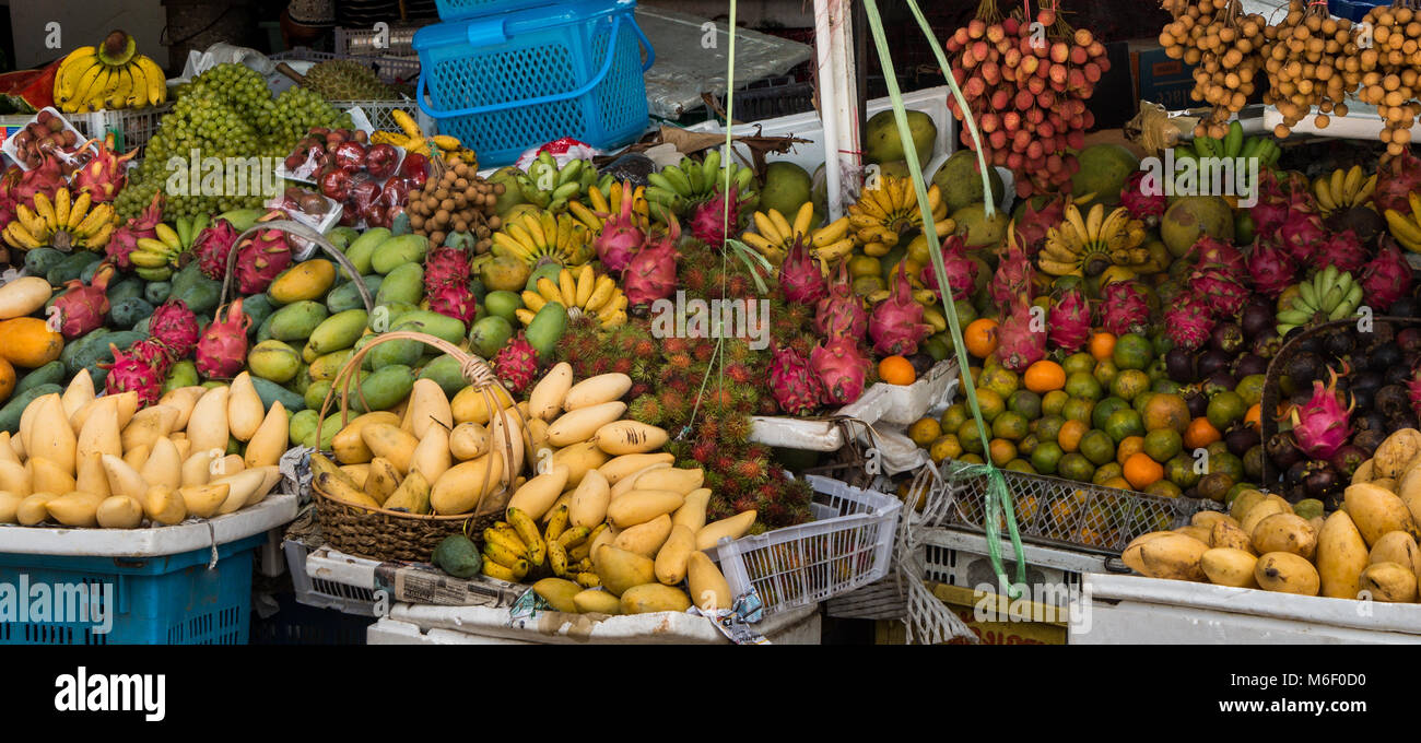 Colorful panoramic shot of exotic fruit display at a local market in ...