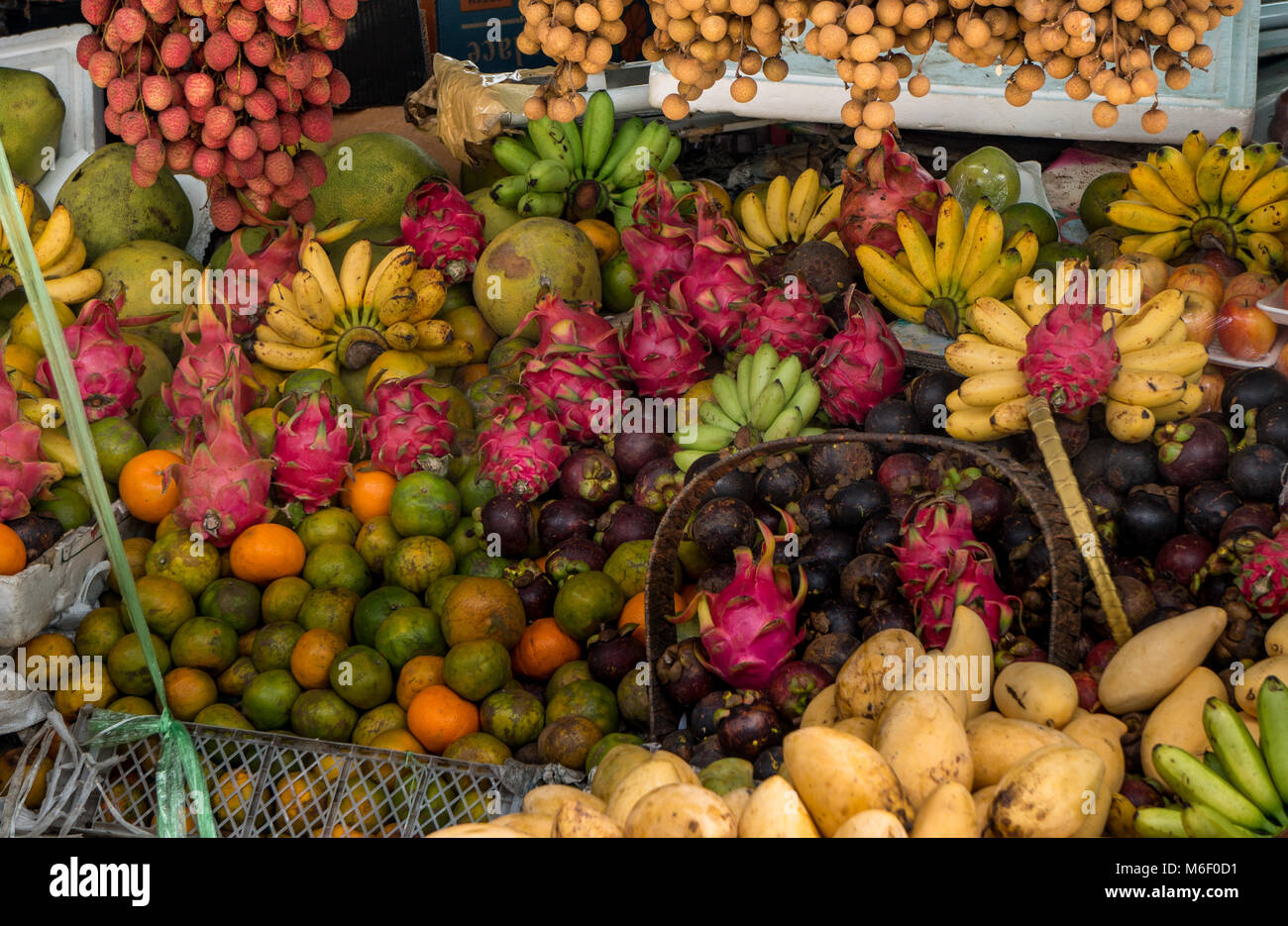 Vivid display of tropical fruits at a market in Khao Lak, Thailand ...