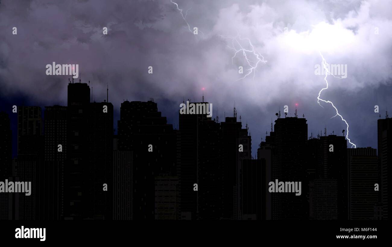 Stunning view of lightning bolts strike above city skyscrapers at night ...