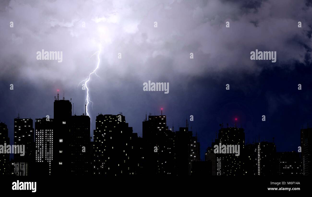 Lightning strikes above skyscrapers, dramatic thunder clashes, bad ...